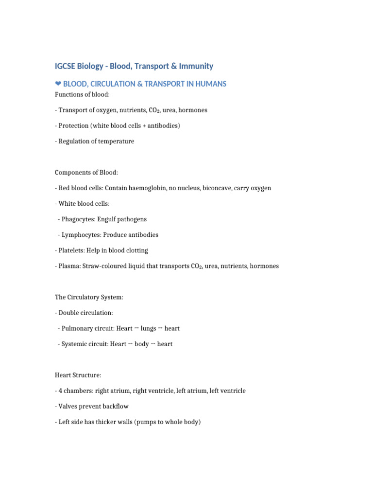 IGCSE Biology Blood Transport Immunity | PDF