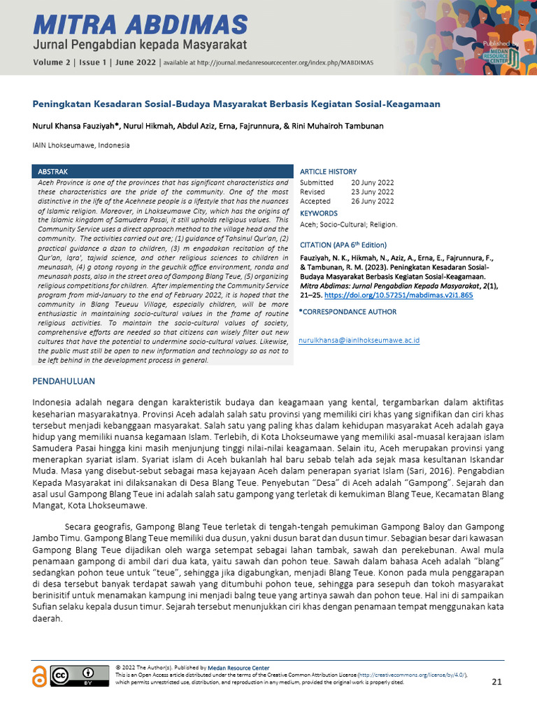 Peningkatan Kesadaran Sosial-Budaya Masyarakat Berbasis Kegiatan Sosial-Keagamaan | PDF