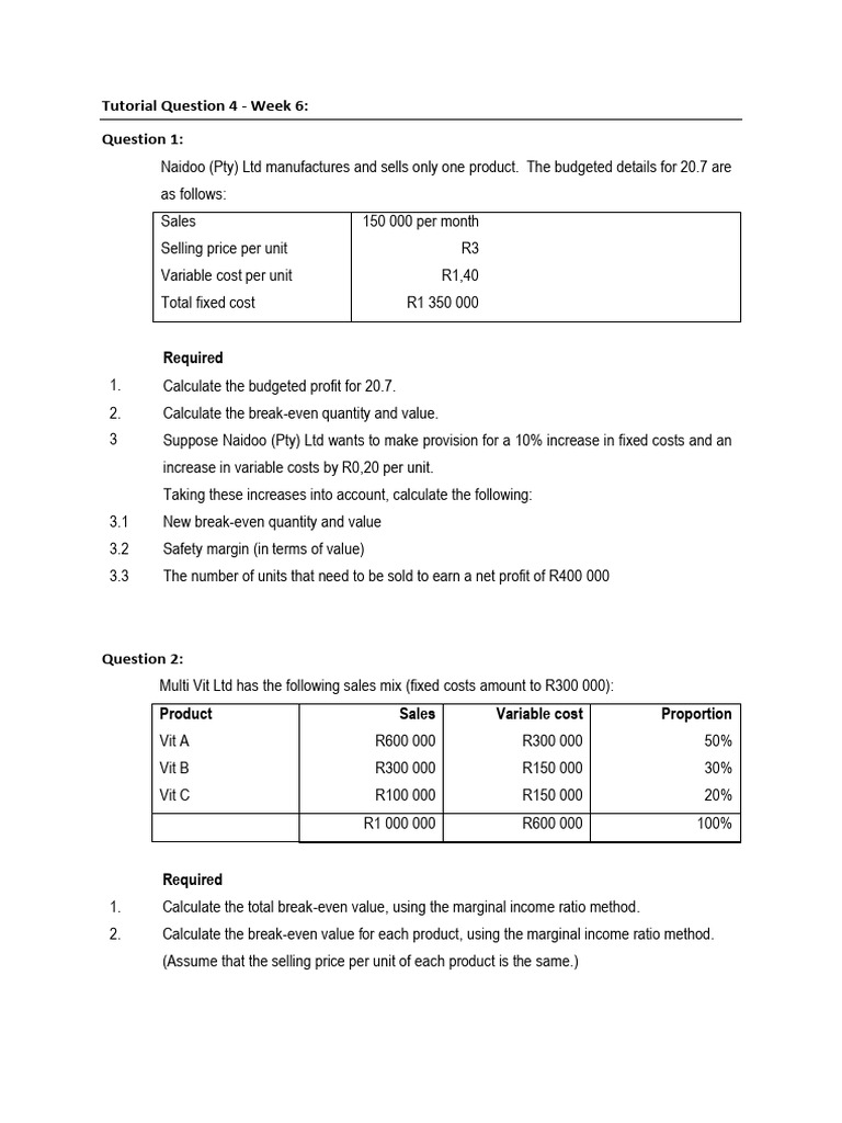 Tutorial Question 4 - Week 6 - CVP Analysis | PDF