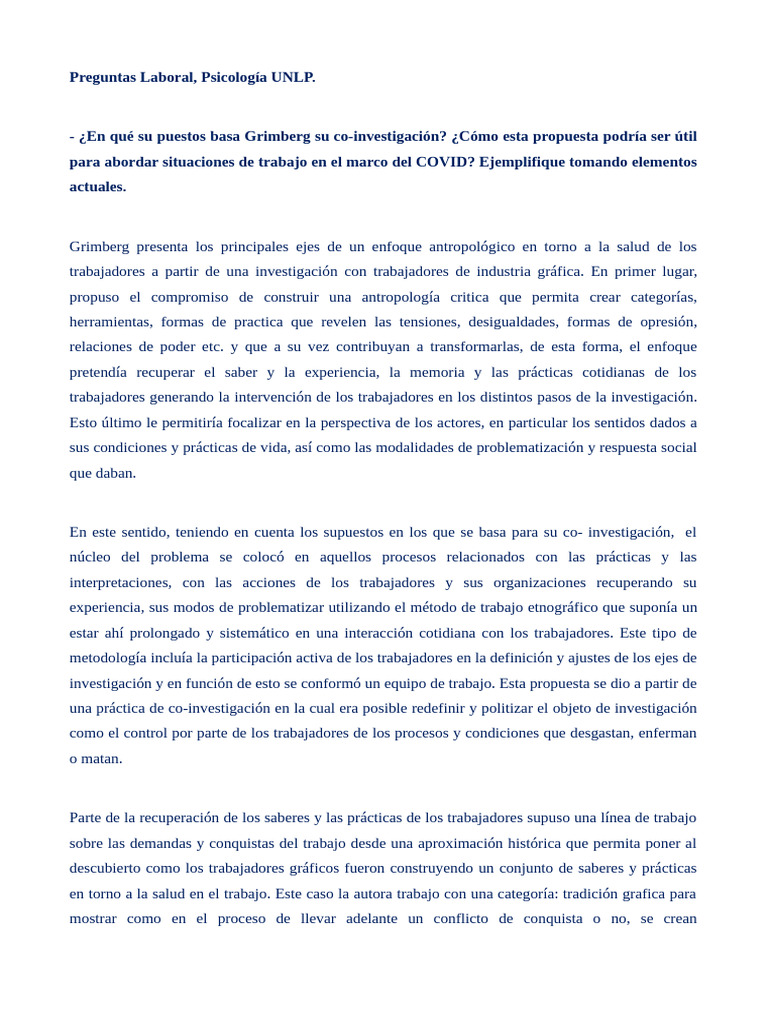 Preguntas Laboral, Psicología UNLP. Concepto de Co-Investigación | PDF | Sicología | Experiencia