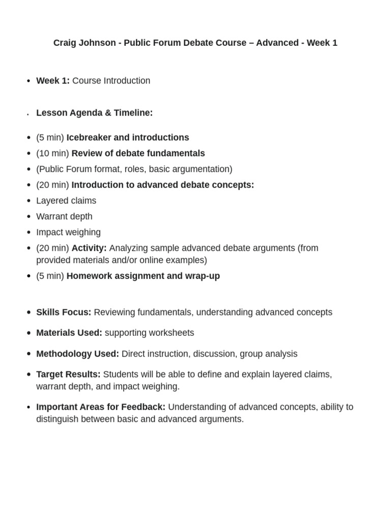 Craig Johnson - Public Forum Debate Course Agenda Timeline - Advanced ...