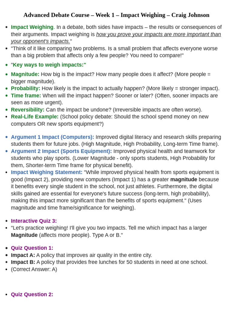 Advanced Debate Course - Week 1 - Impact Weighing - Craig Johnson | PDF