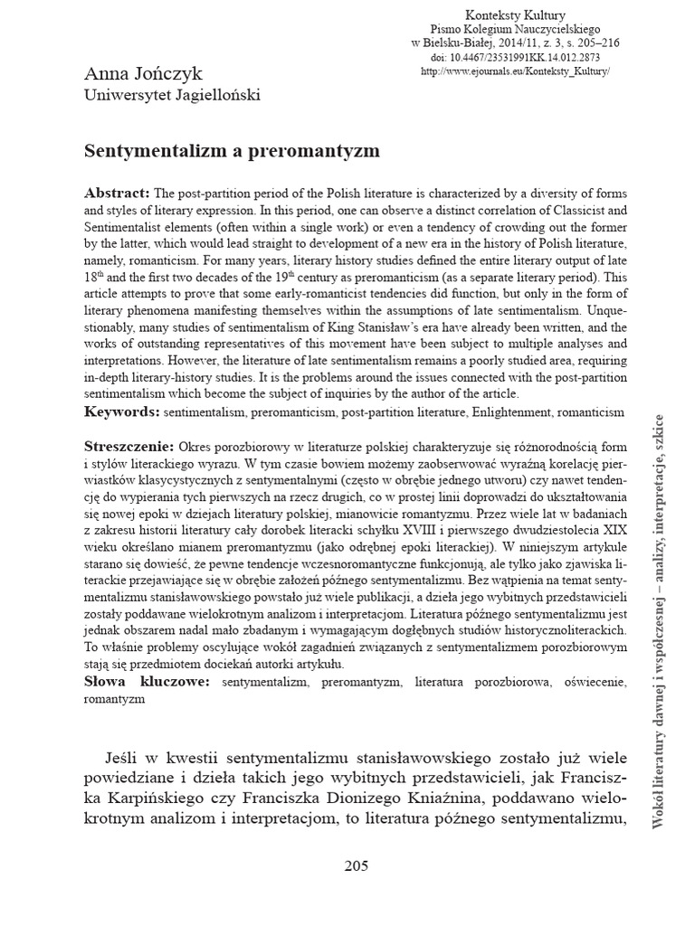 Jonczyk Sentymentalizm A Preromantyzm 2014 | PDF