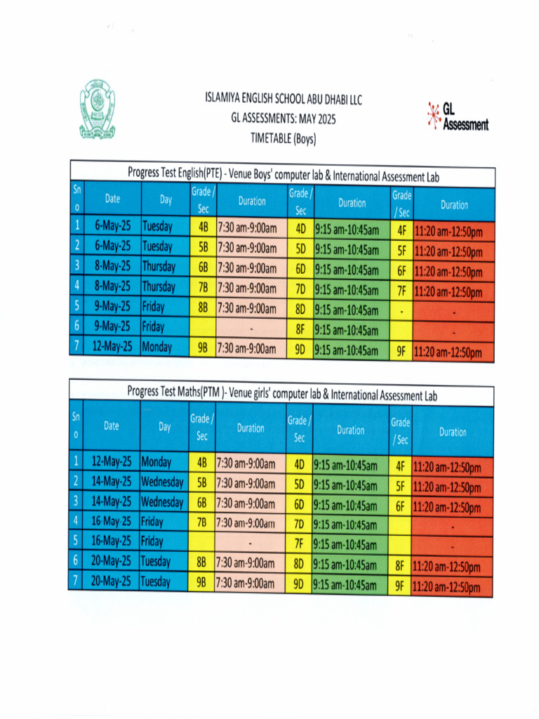 GL Exam 2025 Time Table | PDF