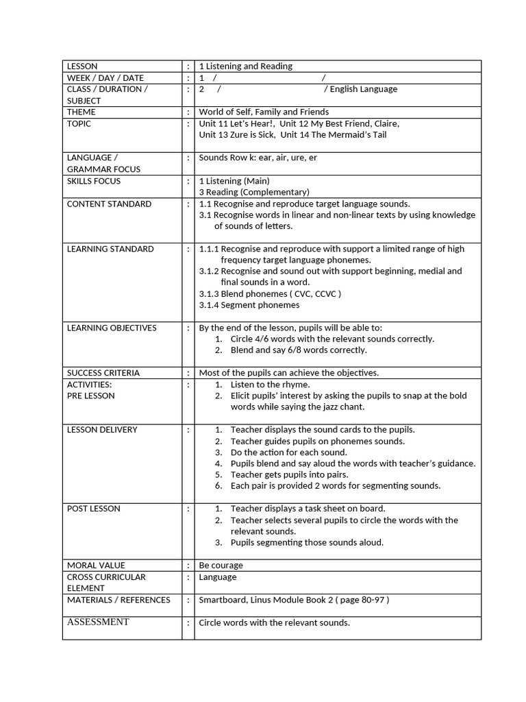 Lesson Plans Phonic (Penjajaran) | PDF | Word | Phoneme