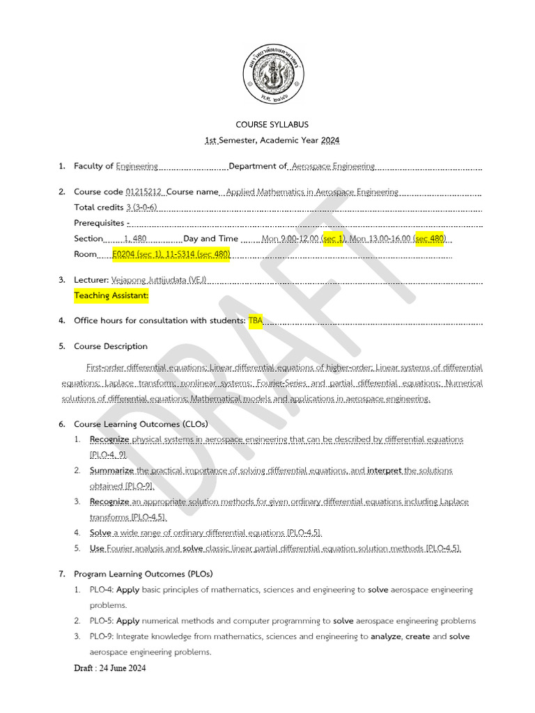 Syllabus 01215212 Applied Maths in Aerospace Eng - 2024 - DRAFT | PDF ...