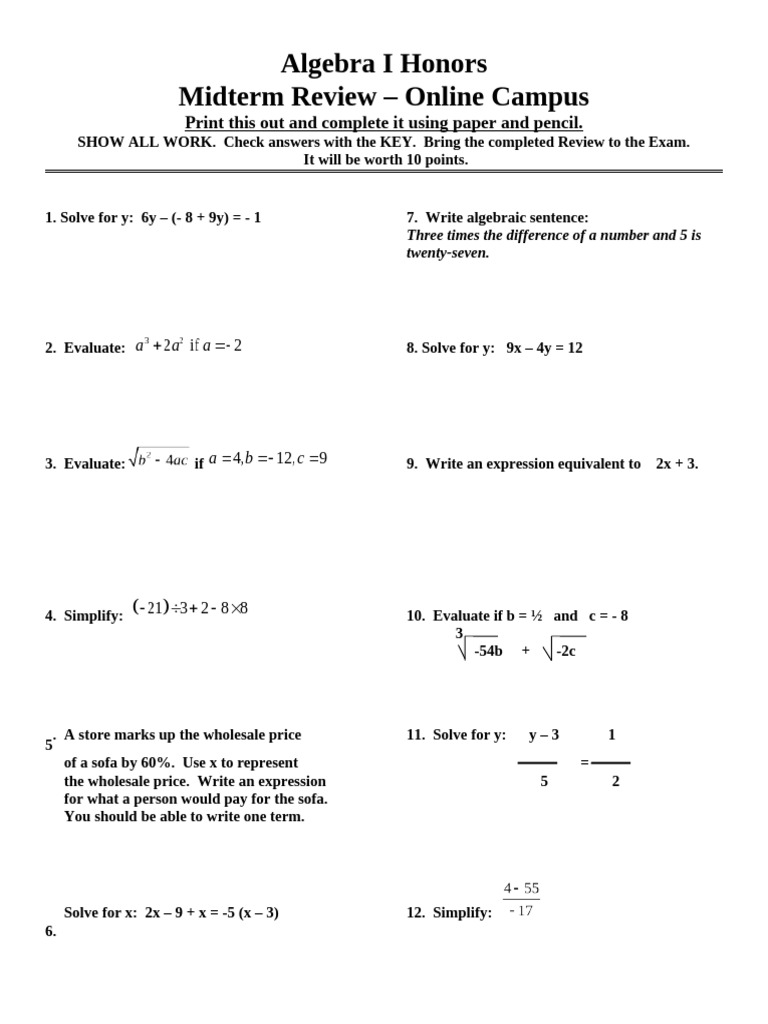 Algebra I Honors Midterm Review Guide | PDF | Line (Geometry) | Mathematics
