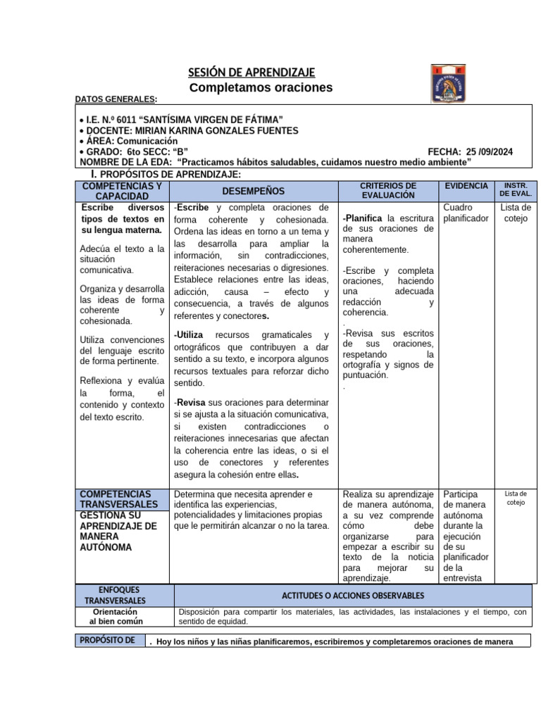 sesion de aprendizaje COMPLETAMOS ORACIONES | PDF | Aprendizaje ...
