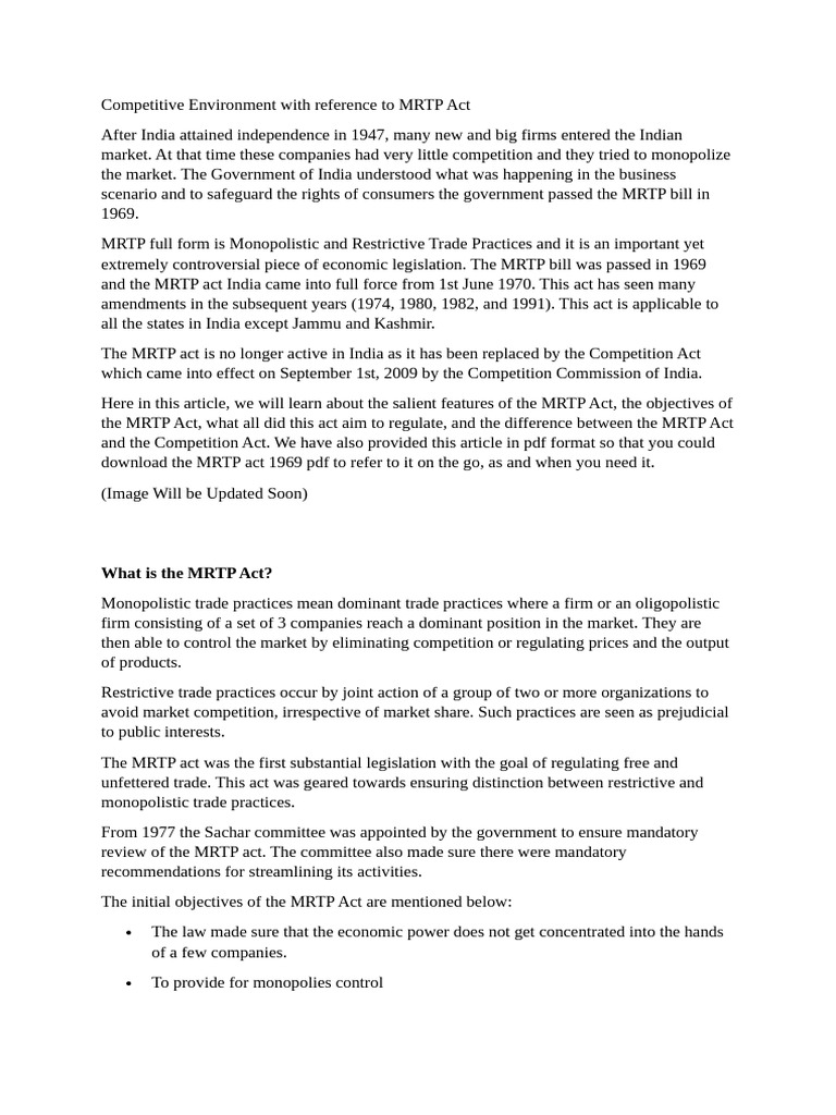 MRTP and Competition Act | PDF | Monopoly | Mergers And Acquisitions