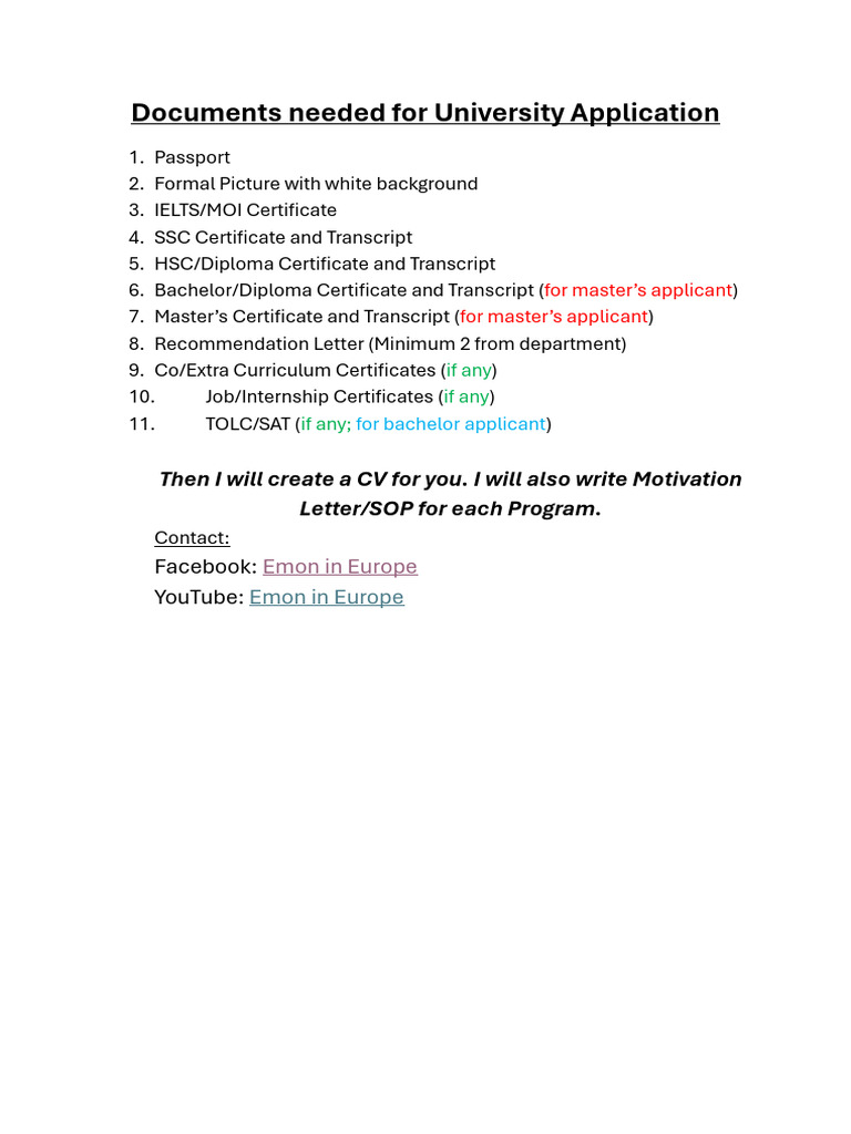 Documents Needed For University Application | PDF