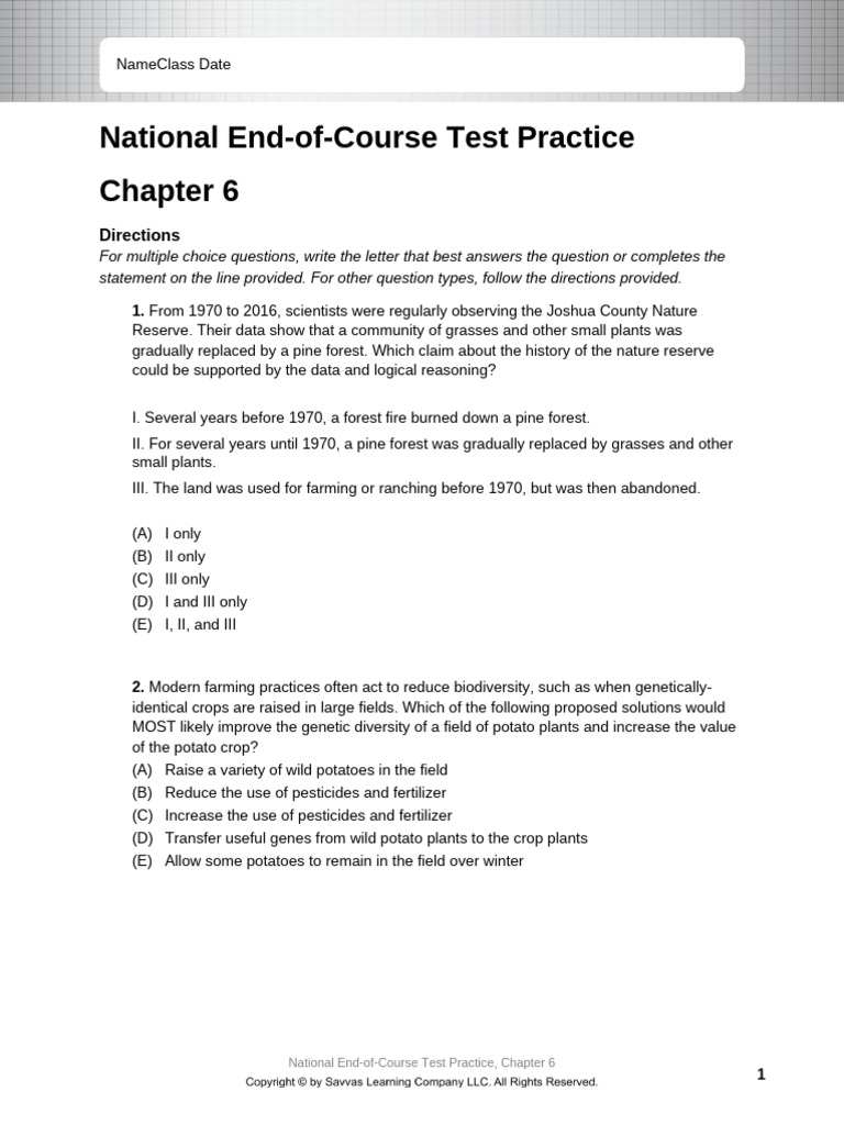 BIO NA CH06 EOC Practice Test | PDF | Wetland | Meadow