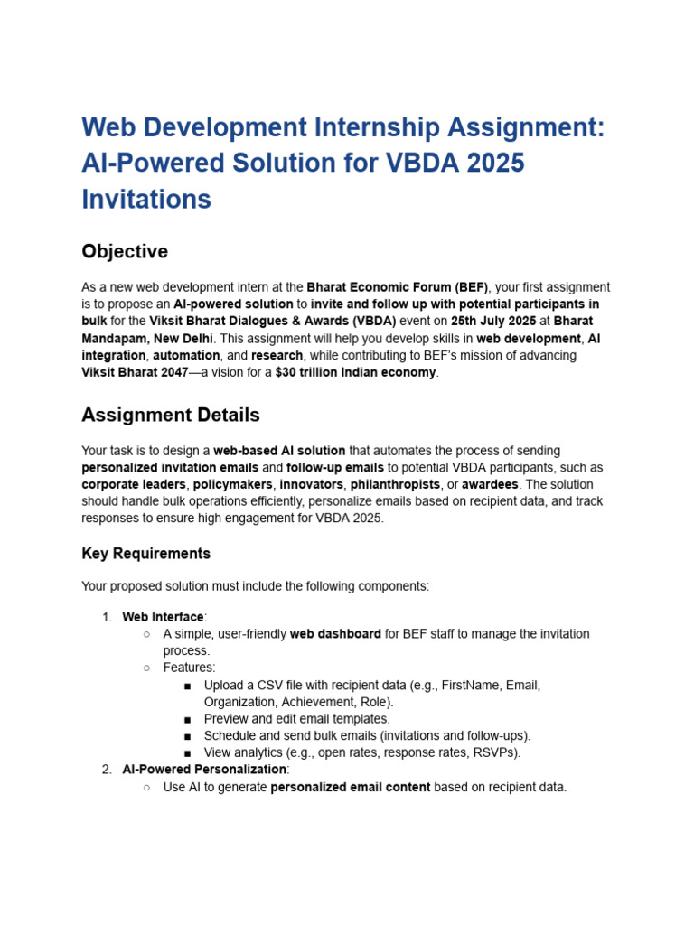 Web Development Internship Assignment - AI-Powered Solution For VBDA 2025 Invitations-1 | PDF ...