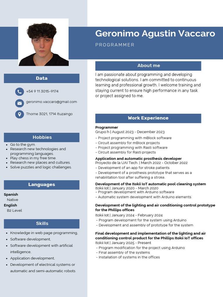 Geronimo Agustin Vaccaro Curriculum (Ingles) | PDF | Computer Programming | Internet Of Things