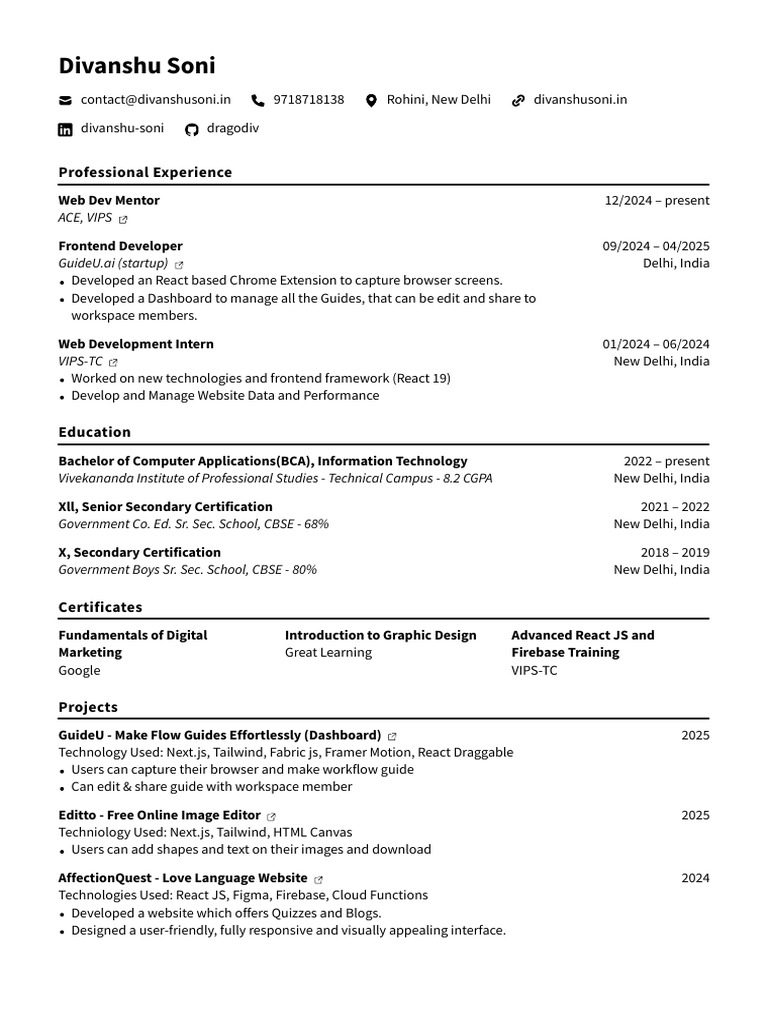 Divanshu Soni 2 Years Software Development Resume | PDF | Web Development | Computing