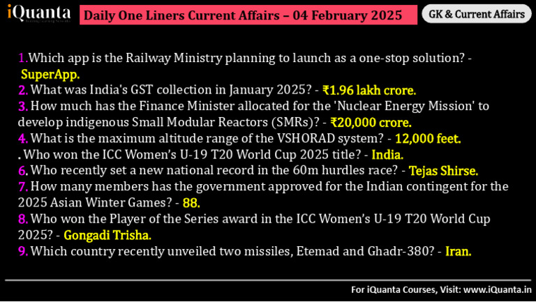 Daily One LIners Current Affairs - 04 February 2025 | PDF