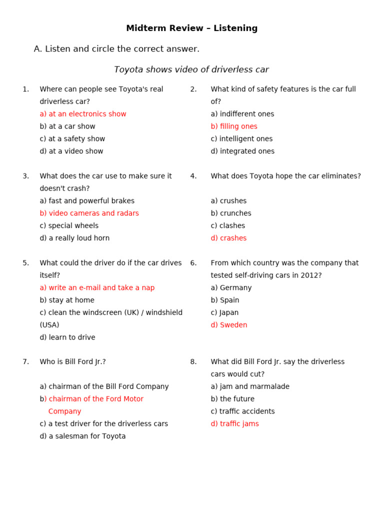 Listening Driverless Cars Multiple Choice Short Answer AK 1.1.3 | PDF ...
