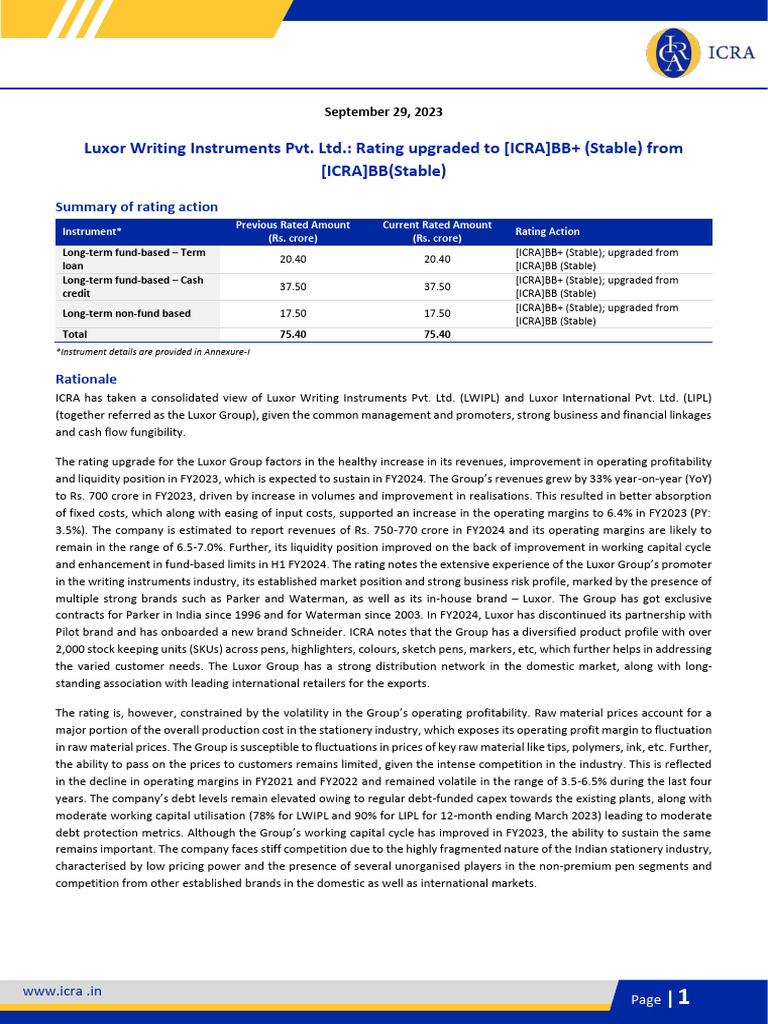 Luxor Writing Instruments Pvt. LTD | PDF | Credit Rating Agency | Debt