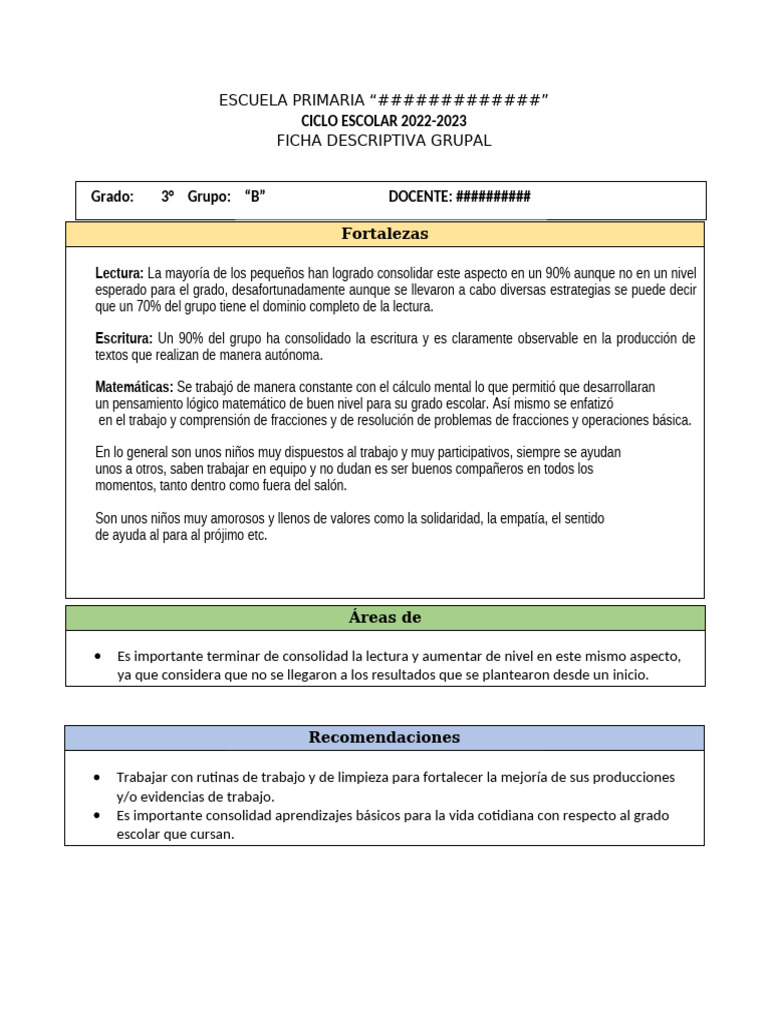 Ficha Descriptiva Grupal Word | PDF | Educación primaria | Escuelas