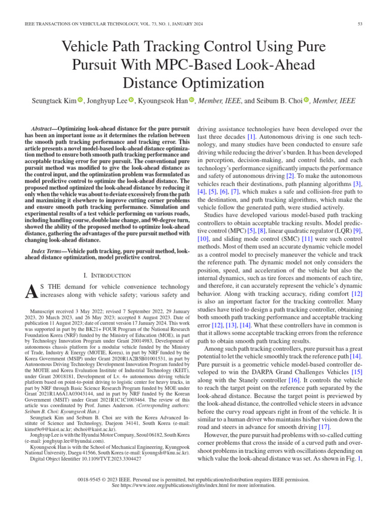 Vehicle Path Tracking Control Using Pure Pursuit With MPC-Based Look-Ahead Distance Optimization ...
