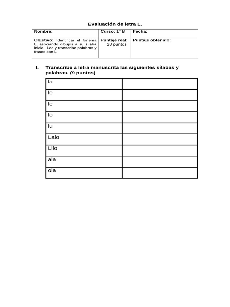 Evaluación de Letra L | PDF | Fonética | Lingüística