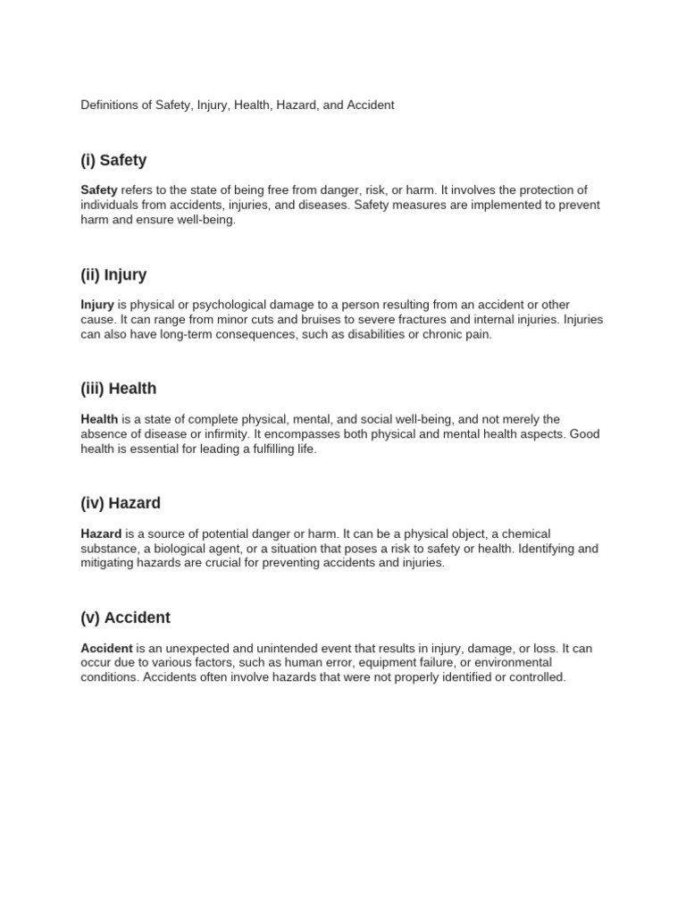 Define The Following - (I) Safety (II) Injury... | PDF