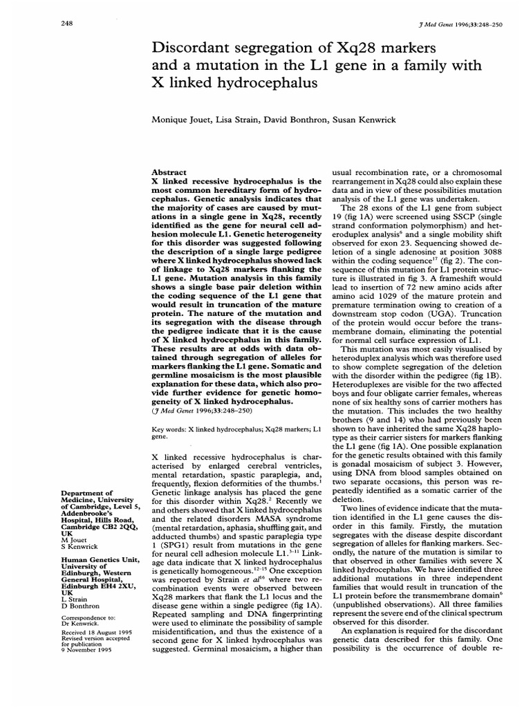1996 Discordant Segregation of Xq28 Markers and A Mutation in The L1 ...