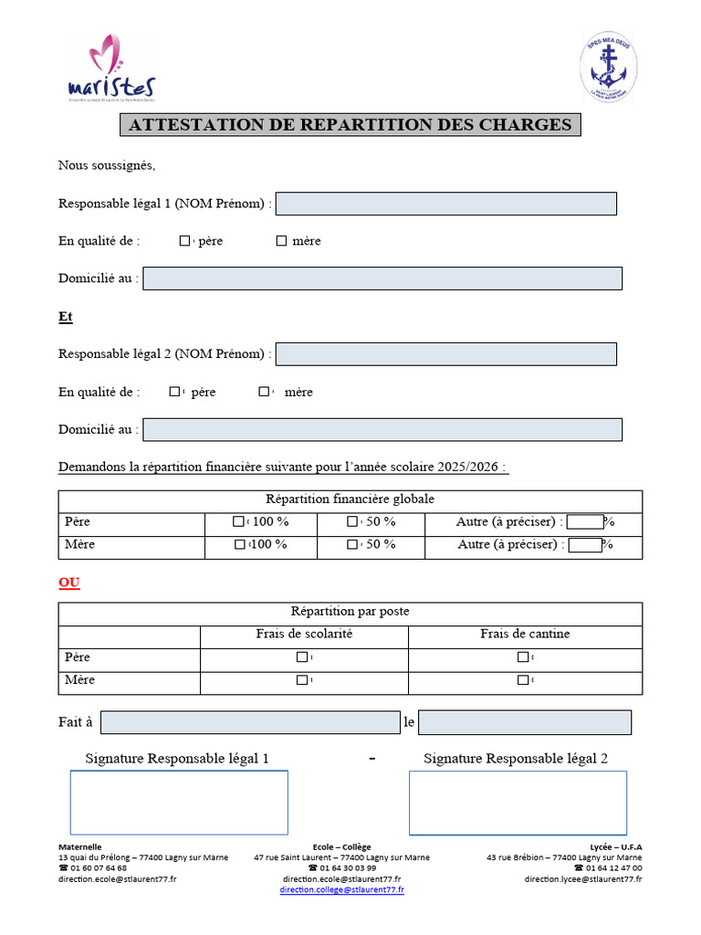 Attestation de Répartition des Charges Scolaires | PDF