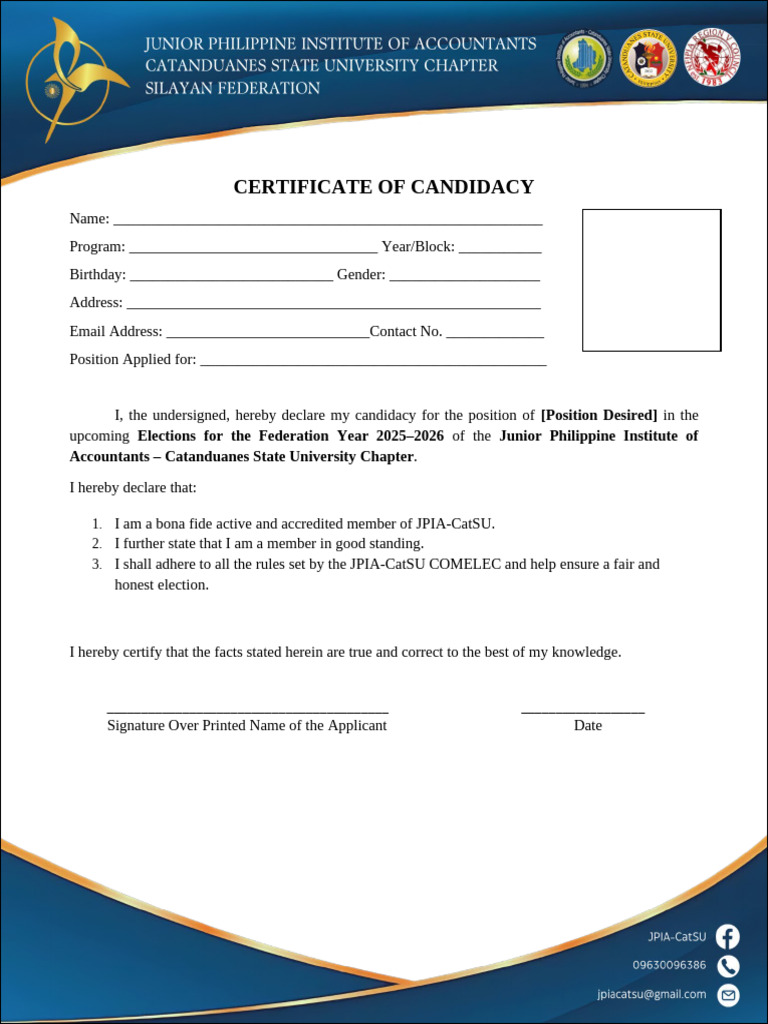 Certificate of Candidacy for JPIA Elections | PDF