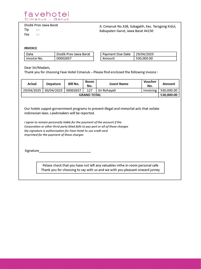 Invoice for Fave Hotel Cimanuk Stay | PDF