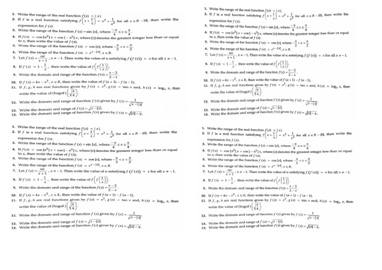 relation and function class 11 worksheet | PDF