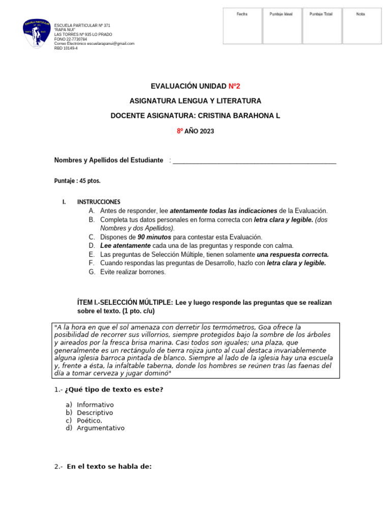 Prueba de Unidad 2 Lengua 8vo 2023 | PDF | Narración | Amor