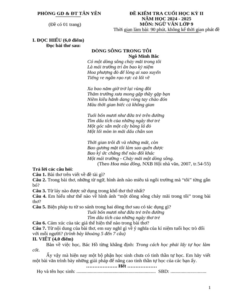 3. Đề Văn 9 GHK 2 (2024-2025) - DÒNG SÔNG TRONG TÔI_1 CÂU | PDF