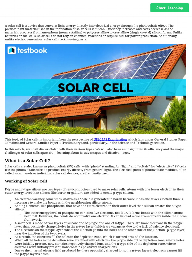 Solar Cell - Meaning, Working, Types, Application & Benefits | PDF