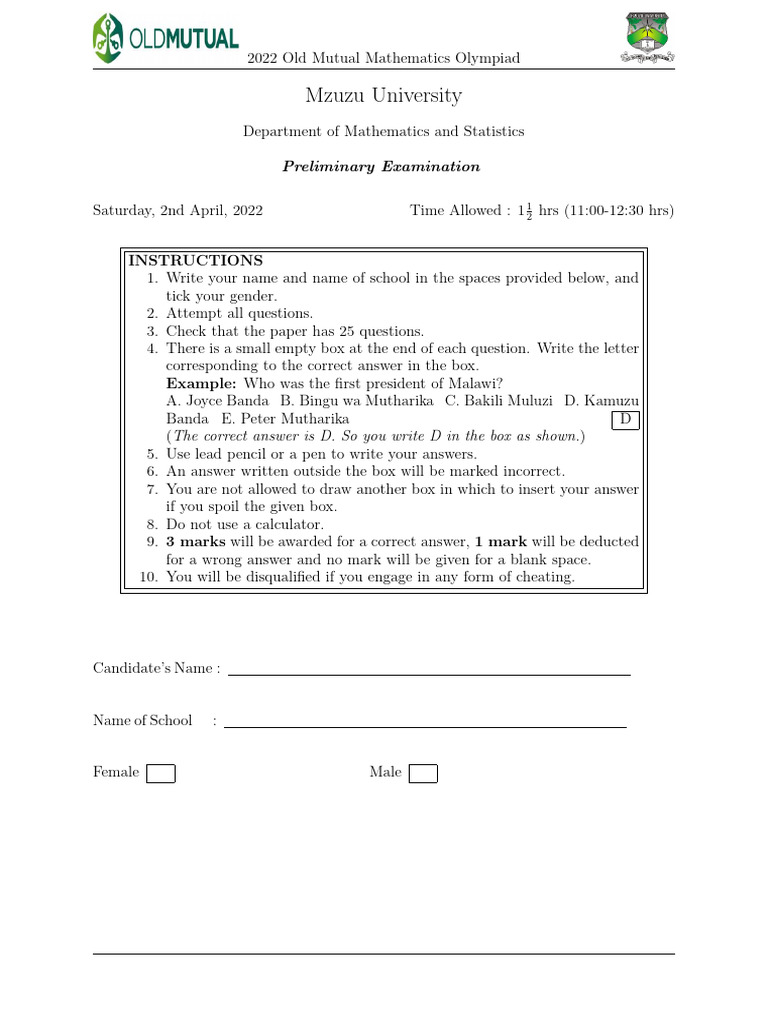 2022 Old Mutual Preliminary | PDF | Mathematics