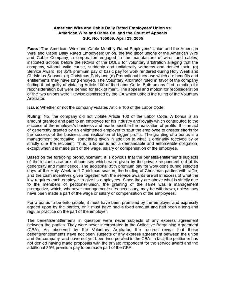 3-American Wire Union vs. American Wire Case Digest | PDF | Employment ...