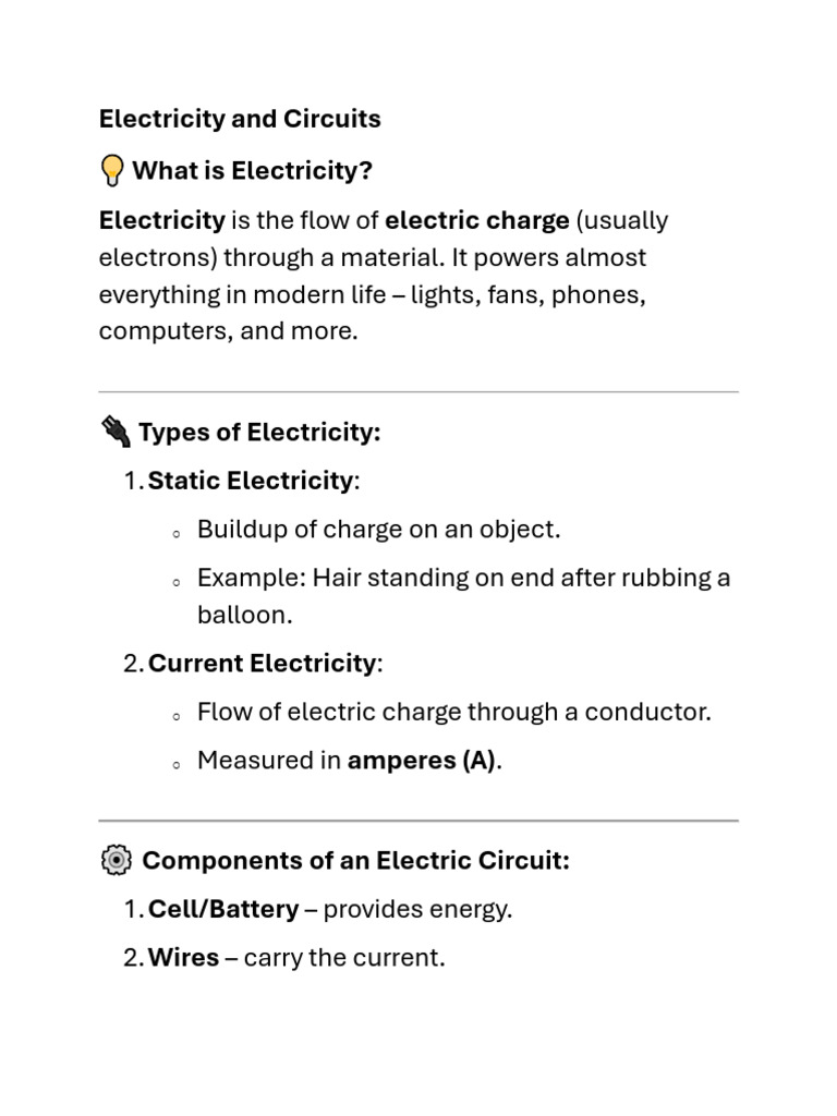 Electricity and Circuits NOTES | PDF