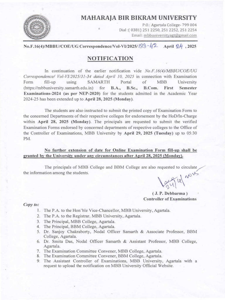 Extension of Online Examination Form Fill-Up For UG 1st Sem. Exam. 2024 ...