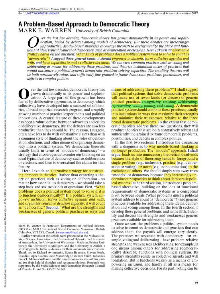 Warren (2017) A Problem Based Approach To Democratic Theory | PDF ...