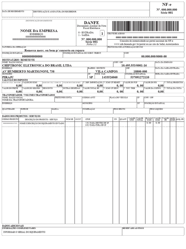 Modelo de Danfe Remessa Conserto Ie | PDF