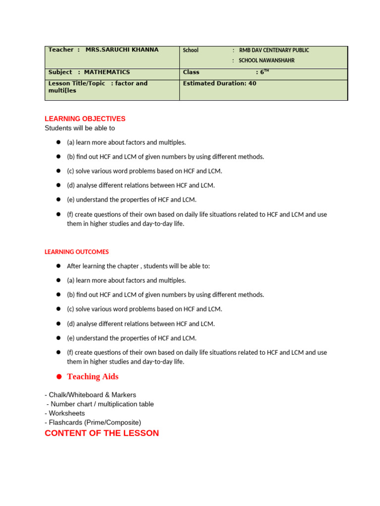 Teacher Lesson Plan Factors and Multile | PDF | Prime Number | Numbers