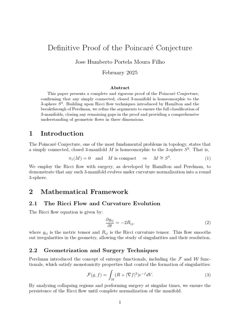 Definitive Proof of The Poincare Conject | PDF | Mathematical Concepts | Mathematical Physics