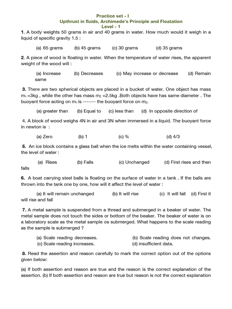 Archimedes' Principle Practice Questions | PDF | Buoyancy | Density