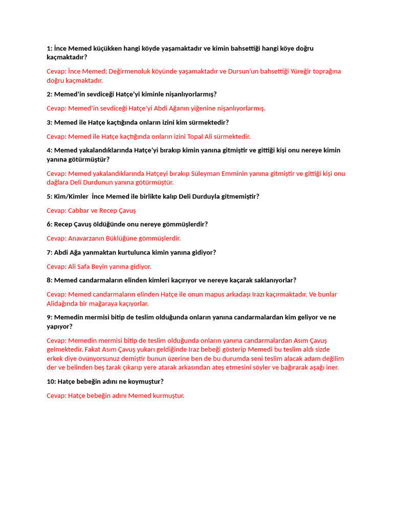 İnce Memed Sorular | PDF