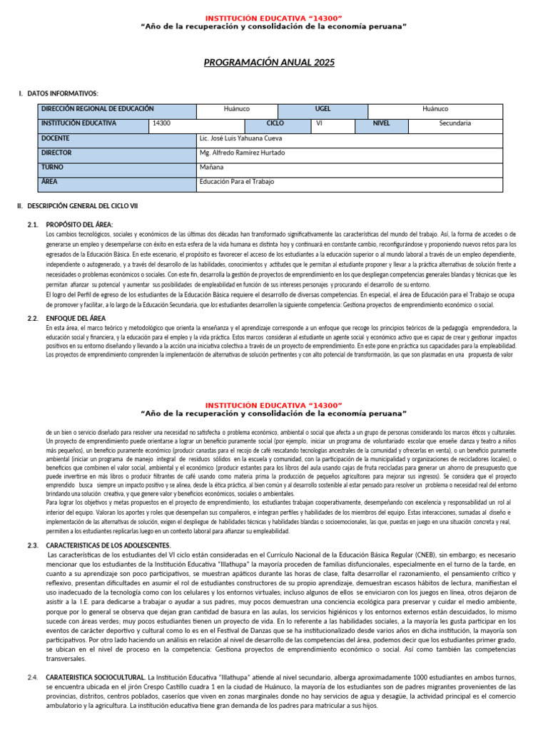 Programacion Anual Ept - I.E 14300 - 2025 | PDF | Aprendizaje | Iniciativa empresarial