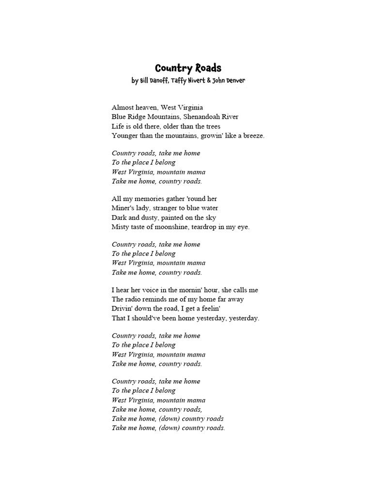 Country Roads Lyrics Singing Bell | PDF