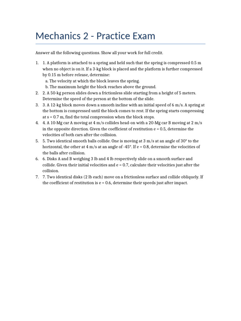 Mechanics 2 Practice Exam Questions | PDF