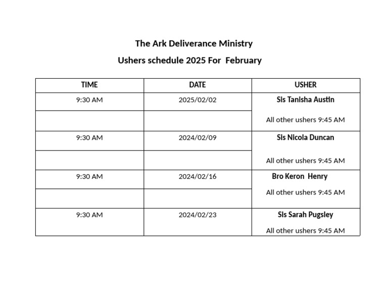 Ushers Schedule 2024 3rd Quarter | PDF
