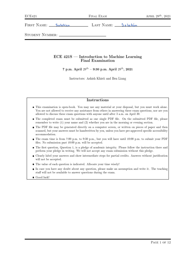 Final2021 Evenning Sol | PDF | Support Vector Machine | Variance
