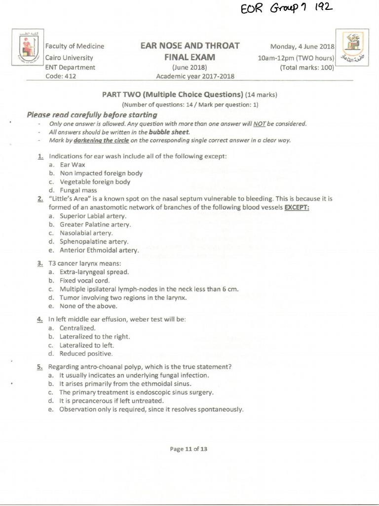 MCQ ENT-1 With Out Ans | PDF