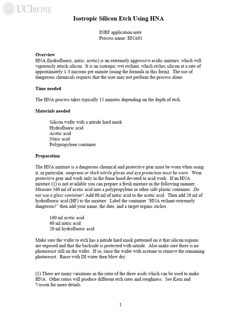 HNA Process for Isotropic Silicon Etching | PDF | Materials ...